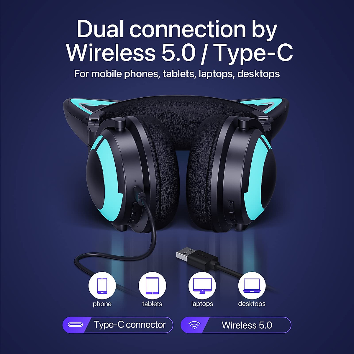 YOWU RGB Cat Ear Headphone 3G Wireless 5.0 Foldable Gaming Headset with 7.1 Surround Sound, Built-in Mic & Customizable Lighting and Effect via APP, Type-C Charging Audio Cable-Black