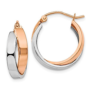 Solid 14k Rose and White Gold Oval Hoop Earrings - 18mm x 3mm
