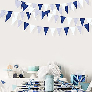 30 Ft Navy Blue White and Silver Party Decorations Royal Blue Triangle Flag Pennant Banner Bunting for Birthday Wedding Bridal Baby Shower Nautical Ahoy Achor Pirate Theme Party Decorations Supplies