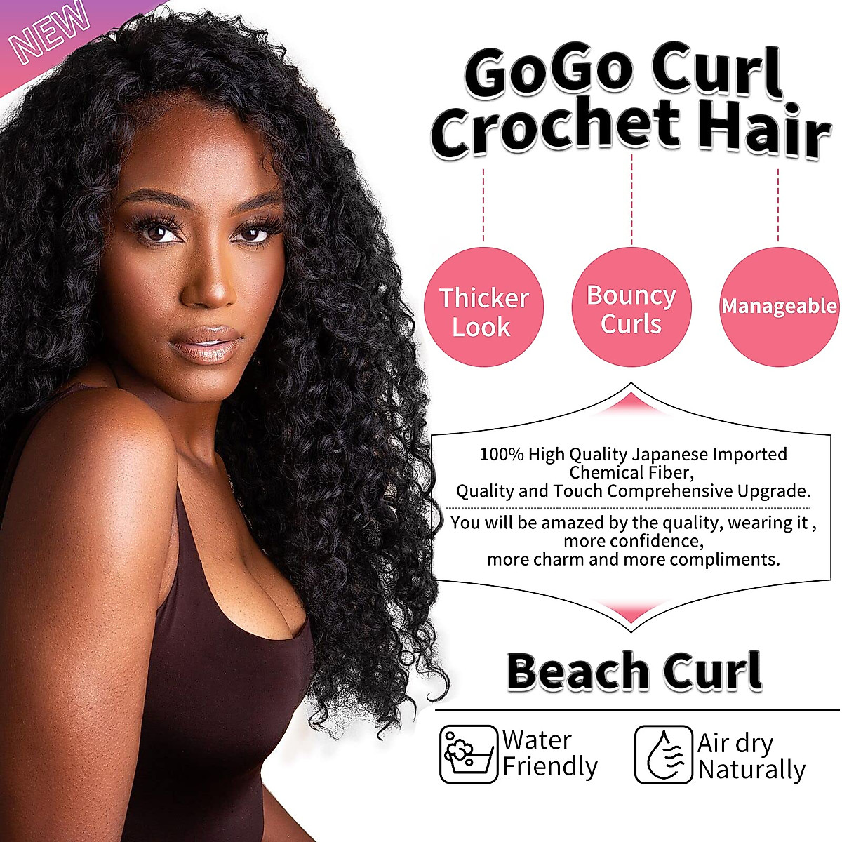 GoGo Curl Curly Crochet Hair for Women Water Wave Crochet Hair Deep Wave Braiding Hair Bohemian Crochet Braids Synthetic Hair Extensions (18 inch(Pack of 6), 1B Natural Black)