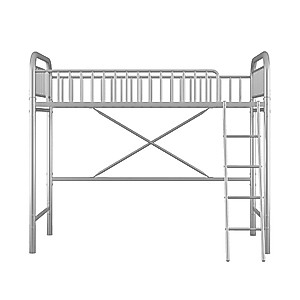GINGVAT Twin Size Metal Loft Bed with Ladders/Full-Length Guardrails, Modern Style Study/Play Area, No Box Spring Needed, Silver