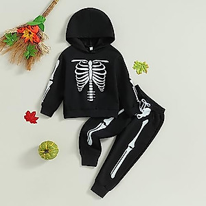Halloween Baby Clothes Toddler Boy Pumpkin Sweatshirt Hoodie Skeleton Hooded Sweatsuit Set Little Kid Fall Outfit (Black,6-7 Years)