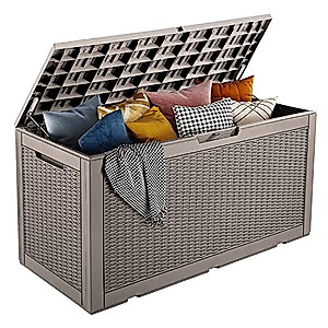 PayLessHere Deck Box 100 Gallons Storage Box Waterproof Outdoor Storage Box Bench with keyhole for Outdoor Garden Pool Patio Storage,Tan