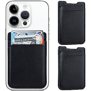 Phone Wallet Stick on,2Pack Phone Card Holder for Back of Phone Case, Leather Credit Card Holder for Cell Phone Sticky Wallet Double Pocket Sticker for iPhone, Android, Samsung-Black