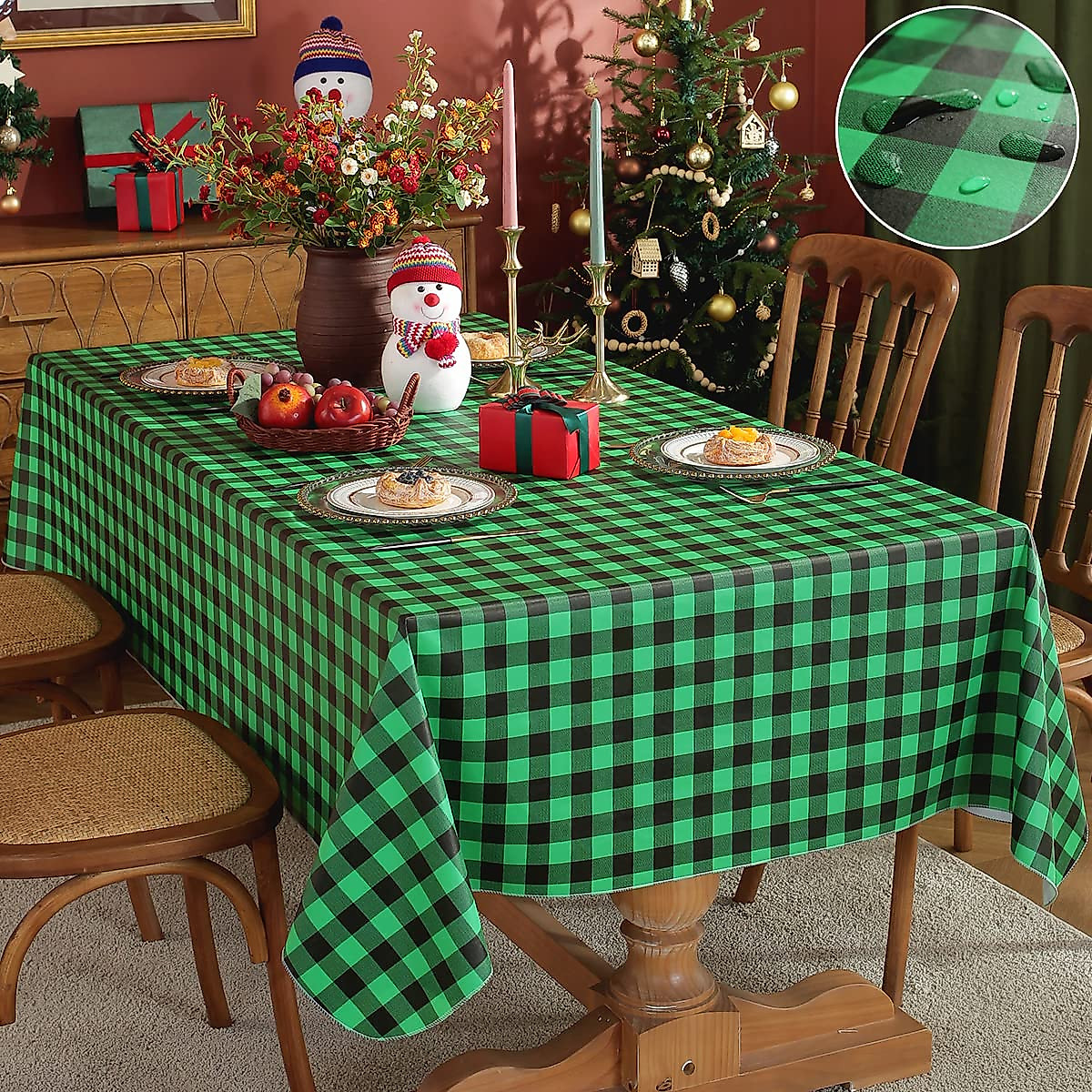 Buffalo Plaid Vinyl Christmas Tablecloth Rectangle 52 x 70 Inch With Flannel Backing, Waterproof & Anti Slip Plastic Tables Cloths, Heavy Duty Table Cover for Winter, Party & Holiday, Green and Black