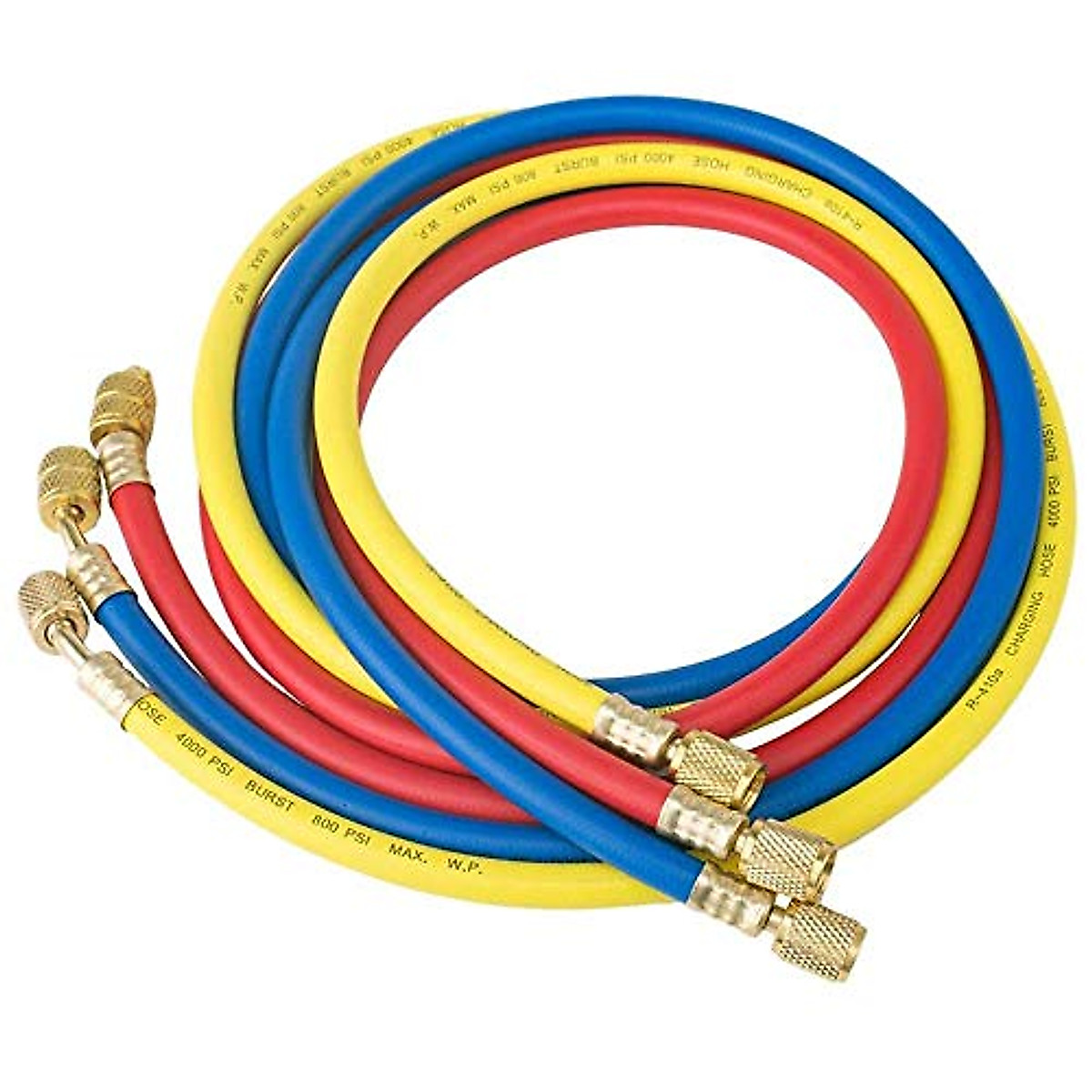 Refrigerant Charging Hoses with Diagnostic Manifold Gauge Set for R410A R22 R404 Refrigerant charging,1/4" Thread Hose Set 60" Red/Yellow/Blue (3pcs) with 2 Quick Coupler