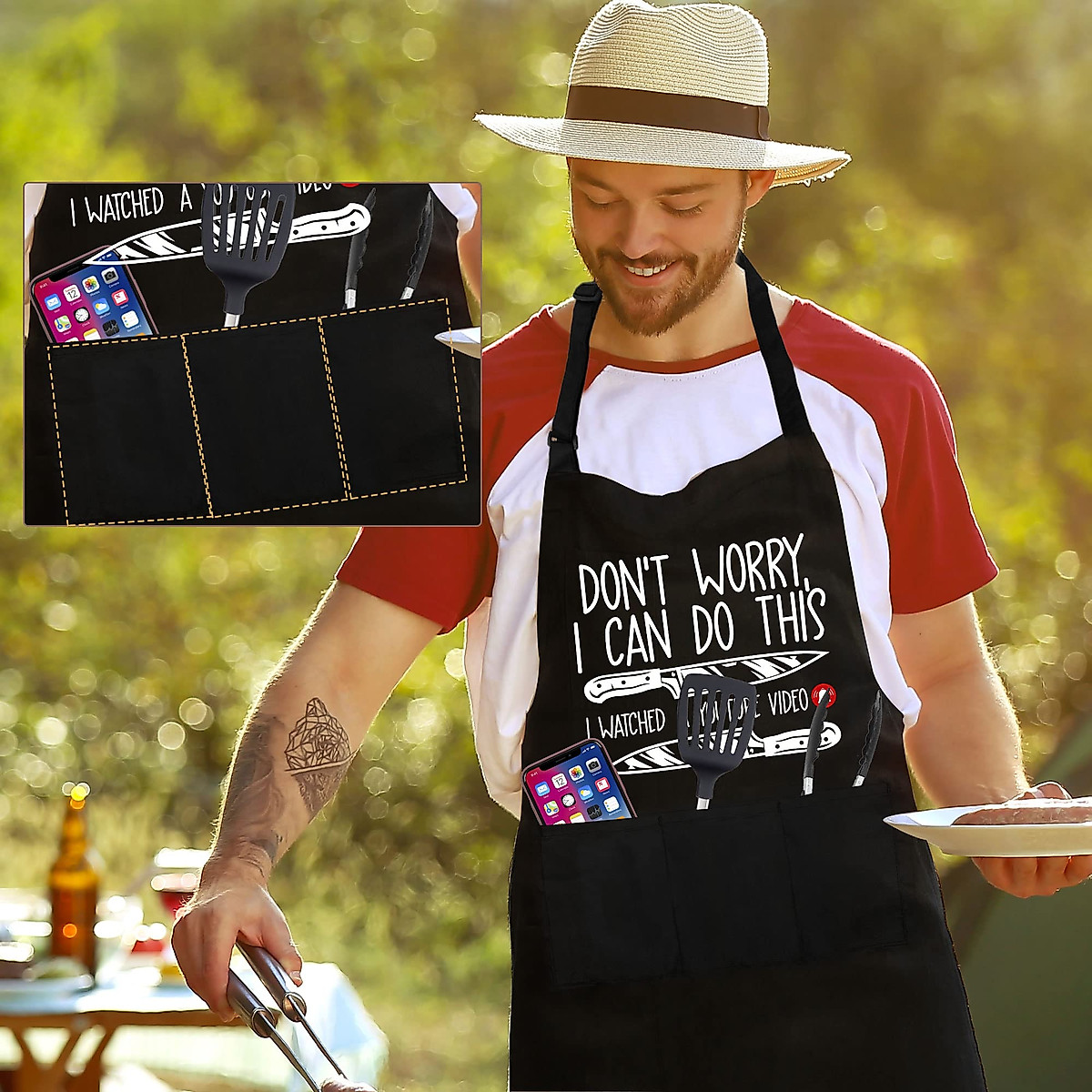 Cusugbaso Funny Aprons for men, Chef Cooking Aprons One Size with Three Pockets Funny Grill Gifts for Men, Dad, Husband - Cooking Chef Aprons for Birthday, Christmas, Fathers Day