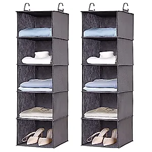 ROYFACC Hanging Closet Organizer 5-Shelf Collapsible Hanging Closet Shelves Hanging Storage Organizer for Closet with 2 Metal Hooks, 2 Pack (Grey, 5 Shelves)
