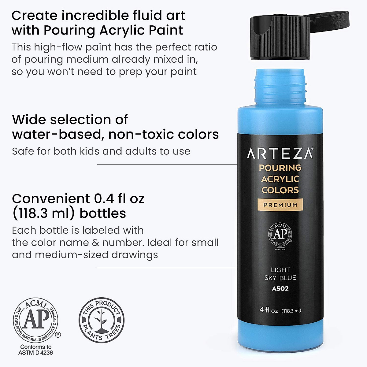 ARTEZA Acrylic Pouring Paint Set, 8 Pastel Colors, 4 oz Bottles, High-Flow Paint, No Mixing Needed, Art Supplies for Canvas, Glass, Paper, Wood, Tile, and Stones