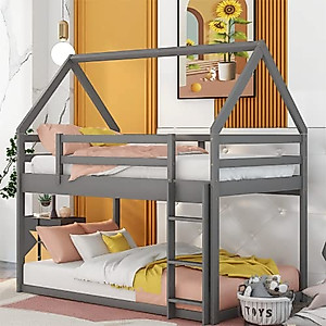 Twin Over Twin Low Bunk Bed, Wood House Bunk Bed Frame with Ladder, Guardrail and Roofs Floor Bunk Bed for Kids, Teens, Girls, Boys,Gray