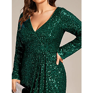 Ever-Pretty Women's V-Neck Sequin A-Line Pleated Long Sleeves Midi Plus Size Dress Ball Gowns Dark Green US20