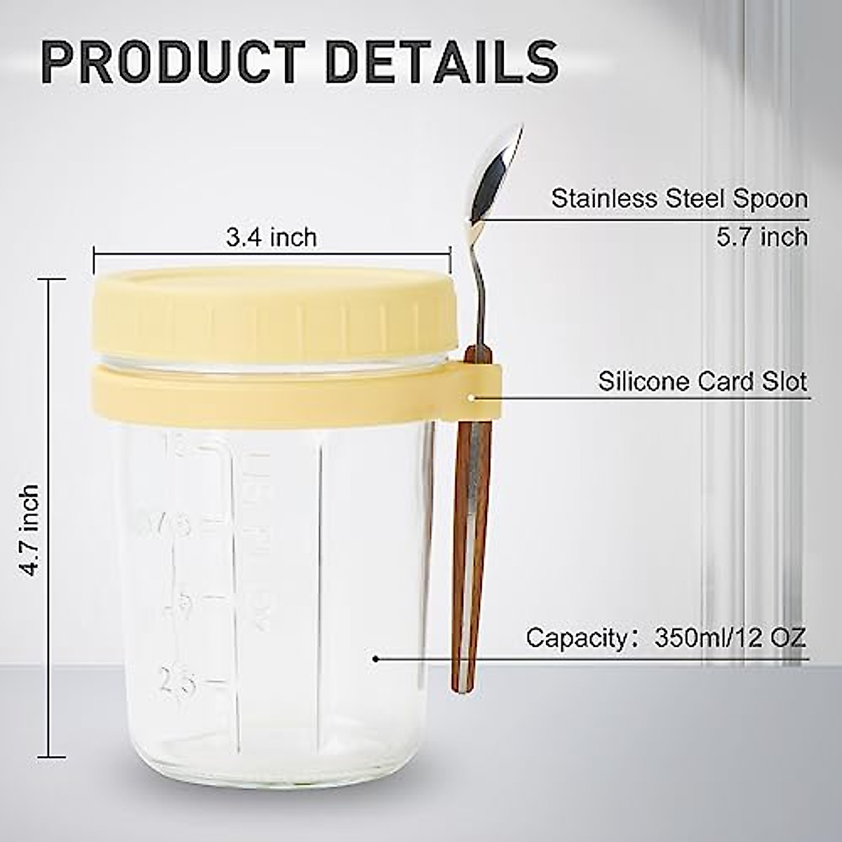 2 Pack Overnight Oats Containers with Lids and Spoons, 12 oz Glass Mason Overnight Oats Jars, Airtight Oatmeal Container with Measurement Marks for Yogurt Milk Cereal Vegetable and Fruit Salad