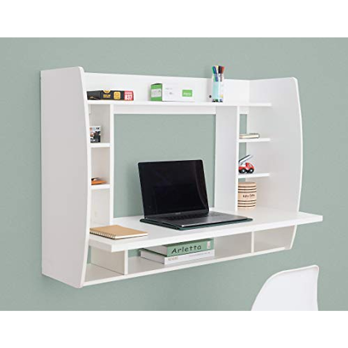 Basicwise Wall Mount Laptop Office Desk with Shelves, White,