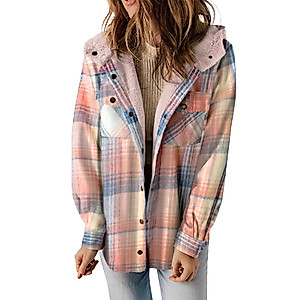 Dokotoo Fashion 2024 Winter Womens Ladies Plaid Shacket Jacket Women Sherpa Lined Fleece Fur Hooded Button Down Long sleeve Flannel Shirts Fluffy Warm Thick Oversized Outwear Coat with Pockets Pink M