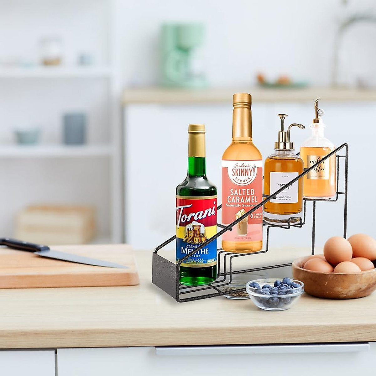 Bsenogou Coffee Syrup Rack for Coffee Bar Accessories, Coffee Bar Organizer Holds 4 Bottles, Kitchen Coffee Bar Wine Sugar Dressing Display Stand Rack