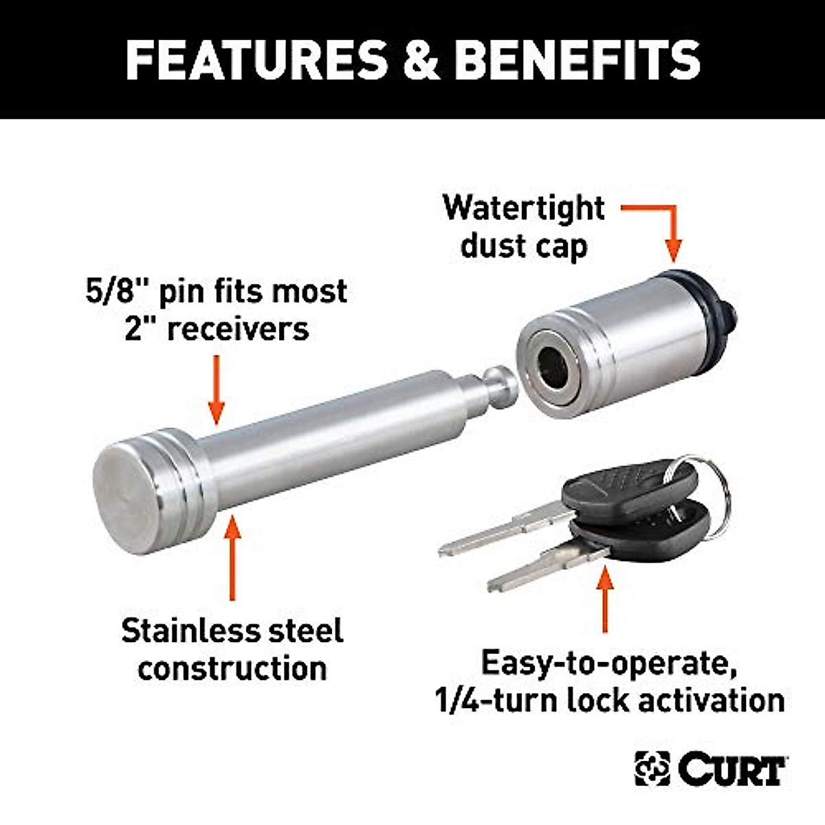 CURT 23516 Stainless Steel Trailer Hitch Lock, 5/8-Inch Pin Diameter, Fits 2-Inch Receiver