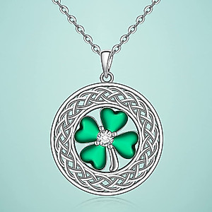 Shamrock Necklace St Patricks Day Four Leaf Clover Necklaces for Women Sterling Silver Celtic Knot Irish Green 4 Leaf Clover Jewelry Pendant Lucky Saint Patricks Gifts