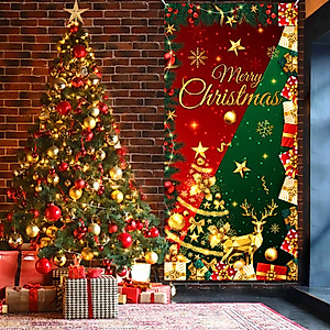 Red Green Christmas Door Cover Merry Christmas Door Decorations Banner Glitter Christmas Tree Elk Snowflake Porch Sign Backdrop Background for Christmas New Year Winter Holiday Party Decor Supplies