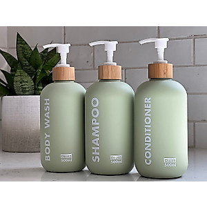 OLLIES Shampoo and Conditioner Dispenser, Shower Soap Dispenser for Bathroom-Set of 3 with Permanent Stylish Label-17oz, 500ml Refillable Shampoo and Conditioner Bottles Green
