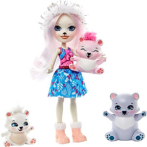 Enchantimals Family Set with Pristina Polar Bear Small Doll & 3 Animal Sibling Figures, Snowy Valley Toy Collection