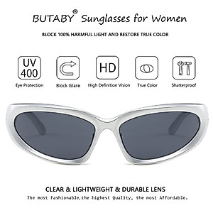 BUTABY Wrap Around Fashion Sunglasses for Women Men Oval Dark Futuristic Sun Glasses Outdoor Sport Shades UV400 Protection Black & Silver Grey