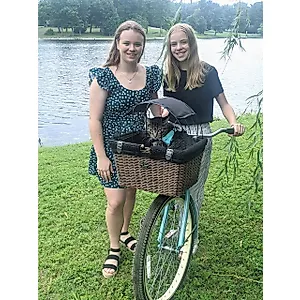 Travelin K9 Pet-Pilot MAX Wicker Bike Basket for Dogs/Cats - Includes Wire Cage Top w/Sun Shade + Plush Removable Padded Liner