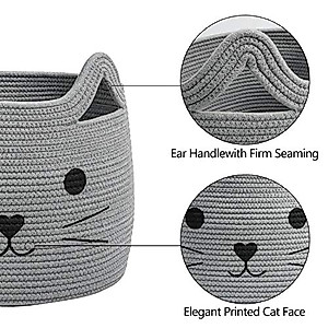 HiChen Large Woven Cotton Rope Storage Basket, Laundry Basket Organizer for Towels, Blanket, Toys, Clothes, Gifts | Pet Gift Basket for Cat, Dog - 15.7" L×11.8" H, Gray