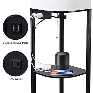 LUNSY Floor Lamp with Shelves, Smart RGB Shelf Floor Lamp with 2 USB Ports & 1 Power Outlet, Modern Display Floor Lamps with RGB Bulb, Standing Lamp for Living Room, Bedroom and Office - Black