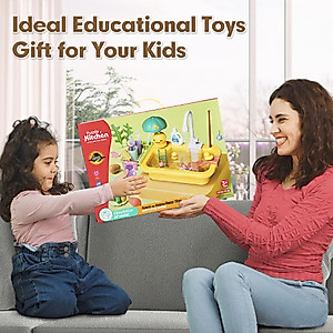 SINOMARS Play Sink with Running Water, Toddler Sink Toy with Automatic Water Cycle System,Fishing Game,Dish Rack and Play Food, Pretend Play Kitchen Sink Toy Dishwasher for Boys Girls toddlers 1-3