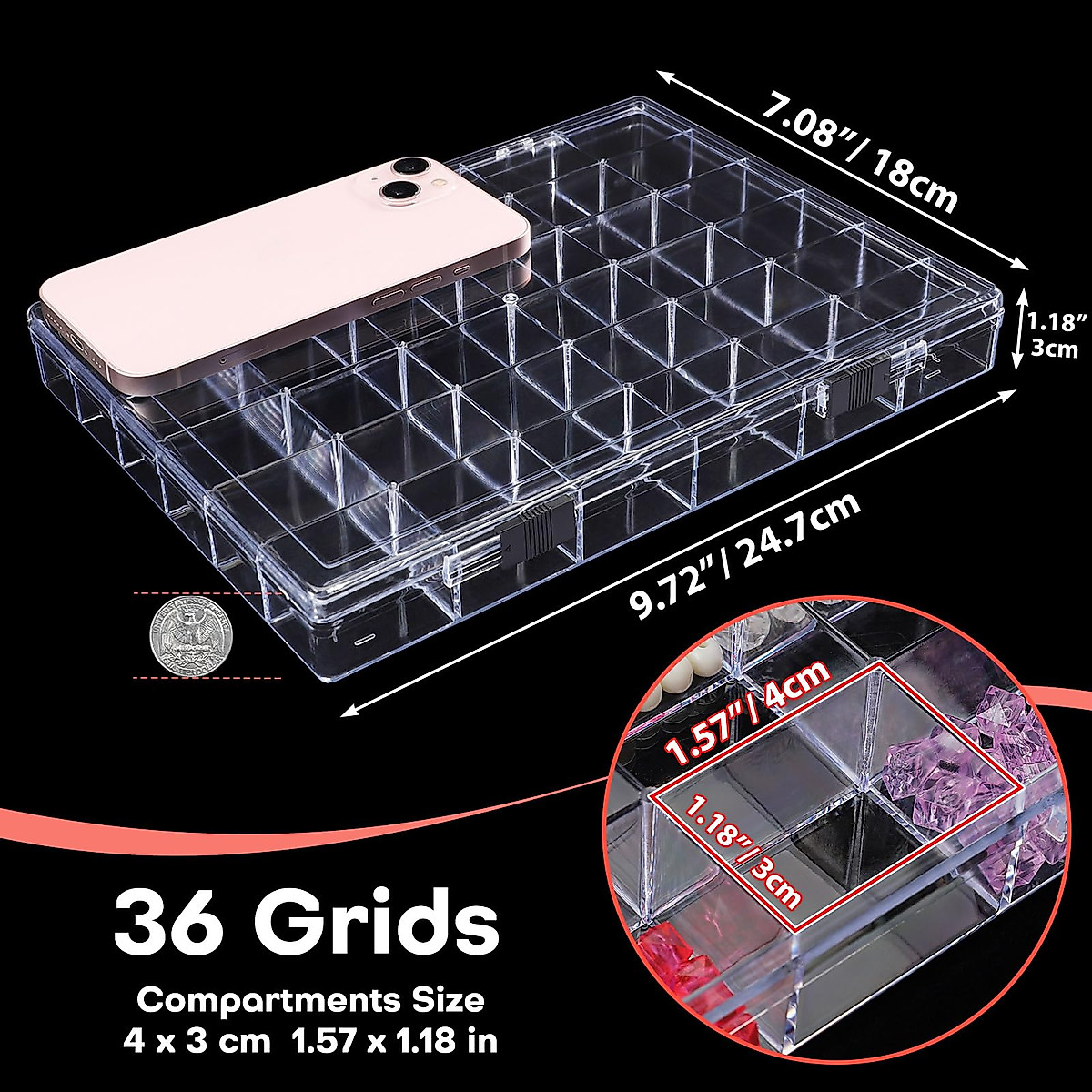 Udefineit 36 Grids Plastic Empty Jewelry Organizer Box, Highly Transparent Storage Container for Rings Earrings Diamond Nail Display Case, Double Buckle Art Craft Bead Storage Box with Fixed Dividers