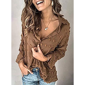 Astylish Womens Soft Cuffed Sleeve Pompom Collar Shirts Long Plus Size Button Down Blouse Tops Brown Small