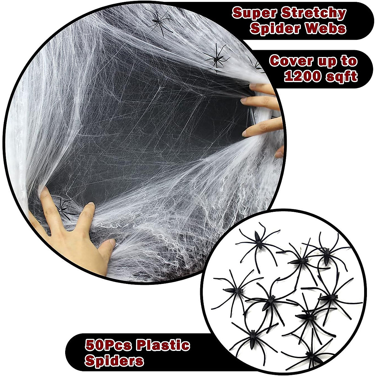Joyseller 1200sqft Spider Web Halloween Decorations Outdoor, Stretchy Spider Webbing with 50pcs Spiders, Giant Halloween Spider Web Decor