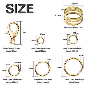 Handyman Crafts Jump Rings Kit With1000PCS Open Jump Rings 40PCS 12mm Lobster Clasps and Jump Rings Opener for Jewelry Making Keychains and Necklace Repair (Gold)