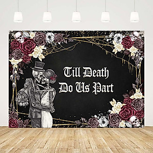 AIBIIN 7x5ft Halloween Till Death Do Us Part Backdrop Spooky Skull Gothic Wedding Party Decorations Supplies Bridal Shower Bride and Groom Mr and Mrs Anniversary Party Banner Photo Studio Props