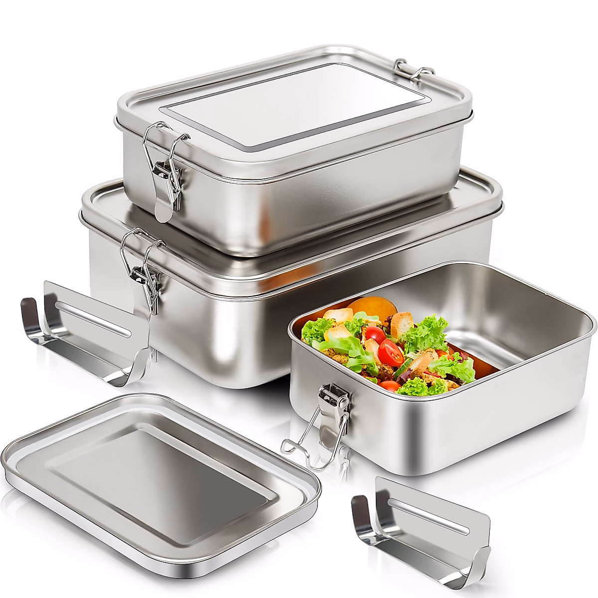 SUTETLW 304 Stainless Steel Bento Box 3 Pack Stainless Steel Containers With Lids 2400/1400/850ml,Leak-Proof & Stackable Storage Stainless Steel Food Storage Containers for Soup Salad Leftover
