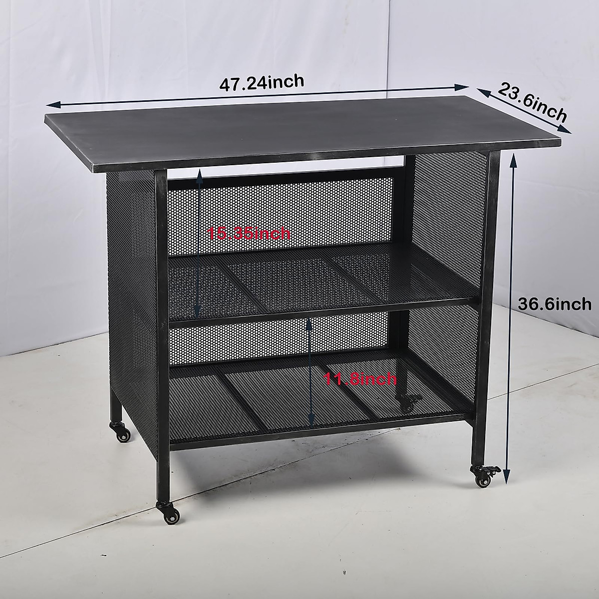 BOKKOLIK Industrial Mobile Kitchen Cart Rustic 3 Tier Rolling Serving Cart with Locking Casters Metal Mobile Kitchen Island Stand Cart on Wheels-47.2 * 23.6 * 36.6inch L*W*H (Metal Top)