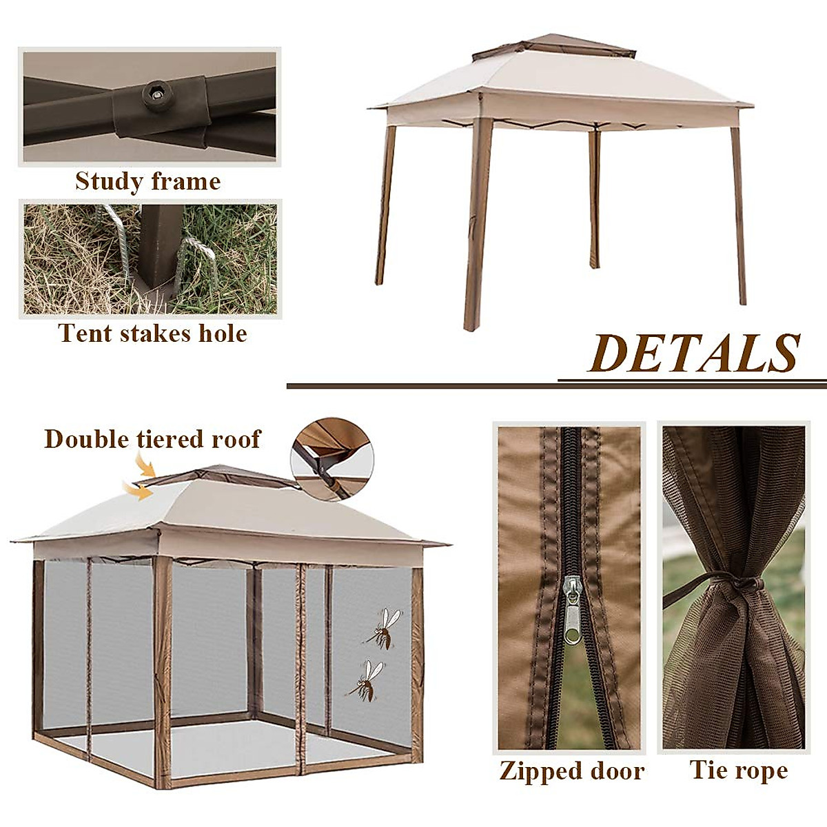 KEDY 11'x11' Pop Up Gazebo with Mosquito Netting, Outdoor Canopy Gazebo Tent for Patio, Deck and Backyard, w/Carry Bag, Beige