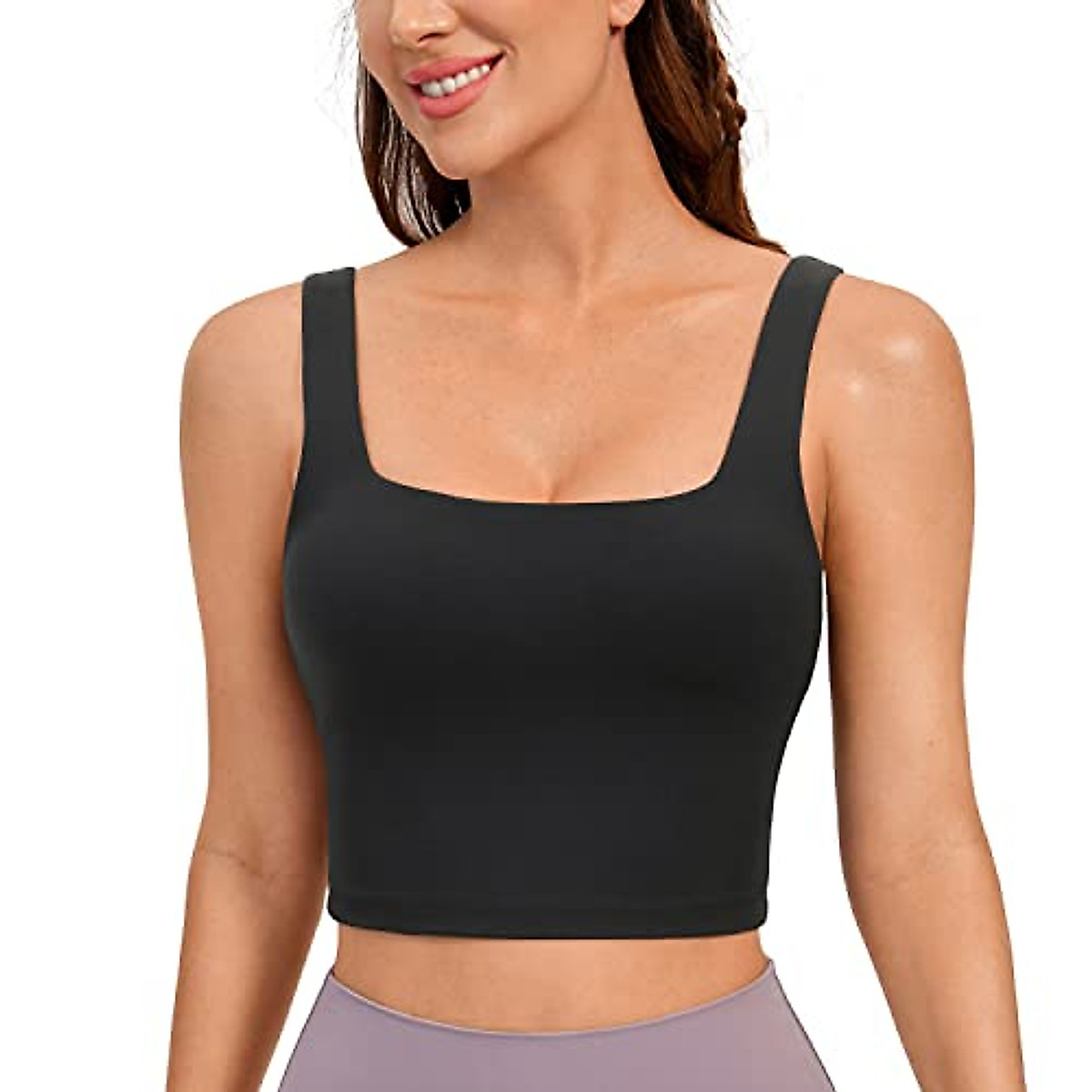 CRZ YOGA Butterluxe Womens Square Neck Longline Sports Bra - Workout Crop Tank Tops Padded with Built in Shelf Yoga Bra Black Medium