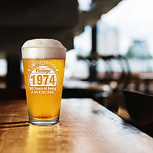 QUPT 50th Birthday Gifts for Men Women Friends, Vintage 1974 Printed 16oz Beer Glass - Funny 50 Year Old Presents - Back in 1974 Old Time Information