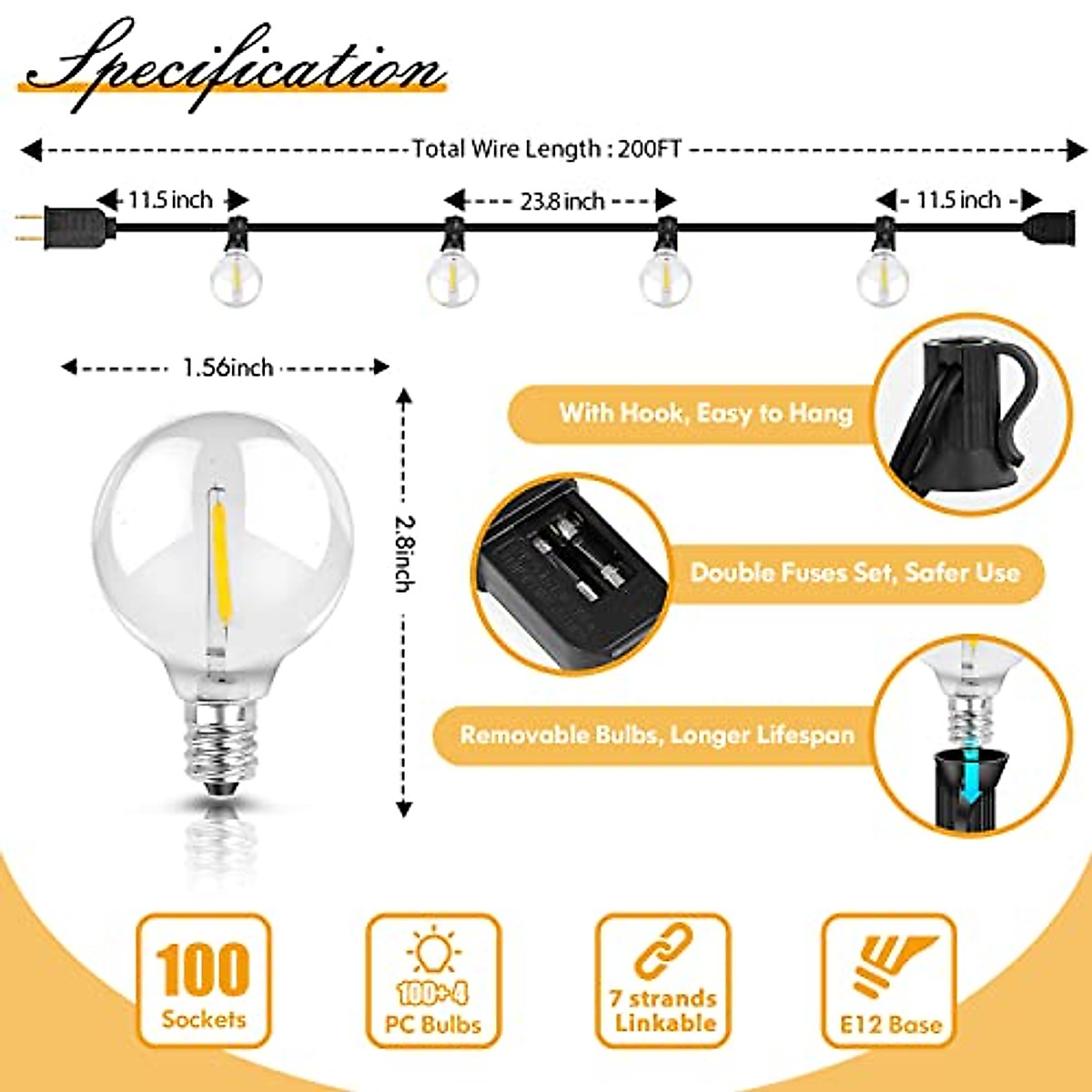 Brightever 200FT Outdoor String Lights Dimmable LED Outside Patio Lights with 100+4 Shatterproof G40 Globe Edison Bulbs, Connectable Commercial String Hanging Lights for Backyard Party Porch Garden