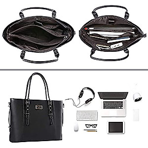 MOSISO PU Leather Laptop Tote Bag for Women (17-17.3 inch), Black