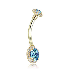 AVORA 10K Yellow Gold Aqua Simulated Diamond CZ Halo Belly Button Ring Body Jewelry (14 Gauge)