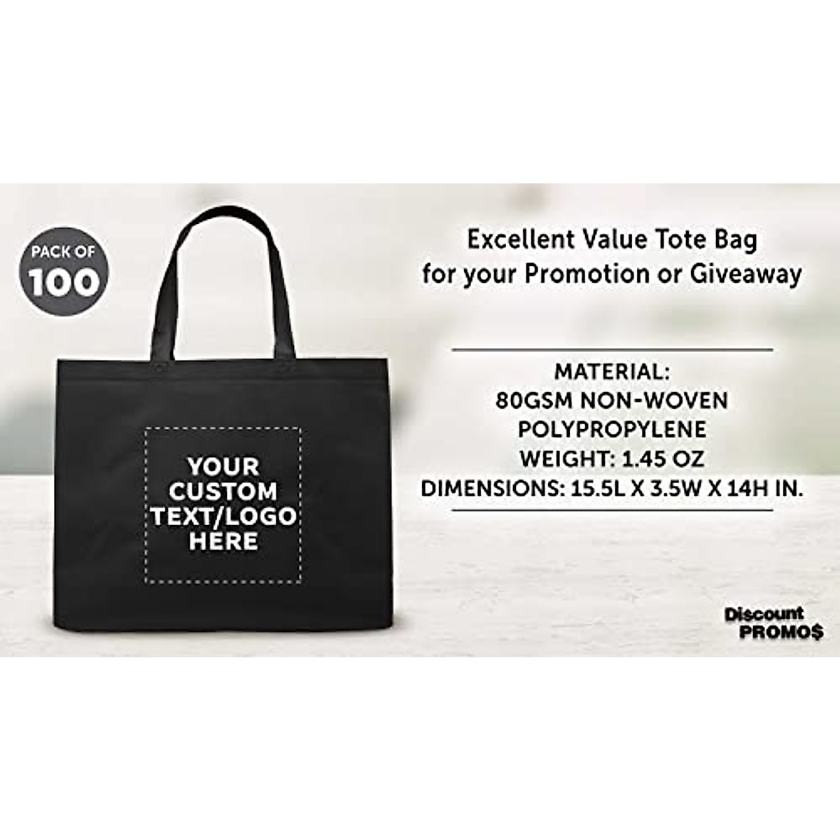 DISCOUNT PROMOS Jumbo Sized Tote Bags Set of 100, Bulk Pack - Grocery, Shopping, Travel, Carry on Bag, Totes for Women, Reusable, Black