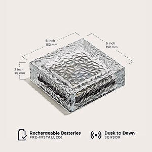 Solar Powered Glass Brick - 6x6 Square, Outdoor Landscape Light, 5 Warm White LED Lights, Built-in Solar Panel, Dusk to Dawn Timer, Garden Walkway Lighting - Rechargeable Battery Included