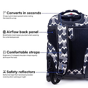 J World Sunrise Rolling Backpack. Roller Bag with Wheels, Heart Dot