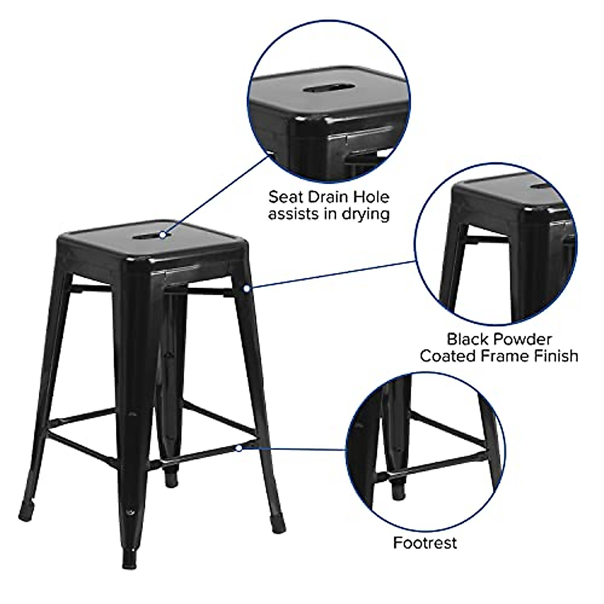 Flash Furniture Kai Commercial Grade 24" High Backless Black Metal Indoor-Outdoor Counter Height Stool with Square Seat