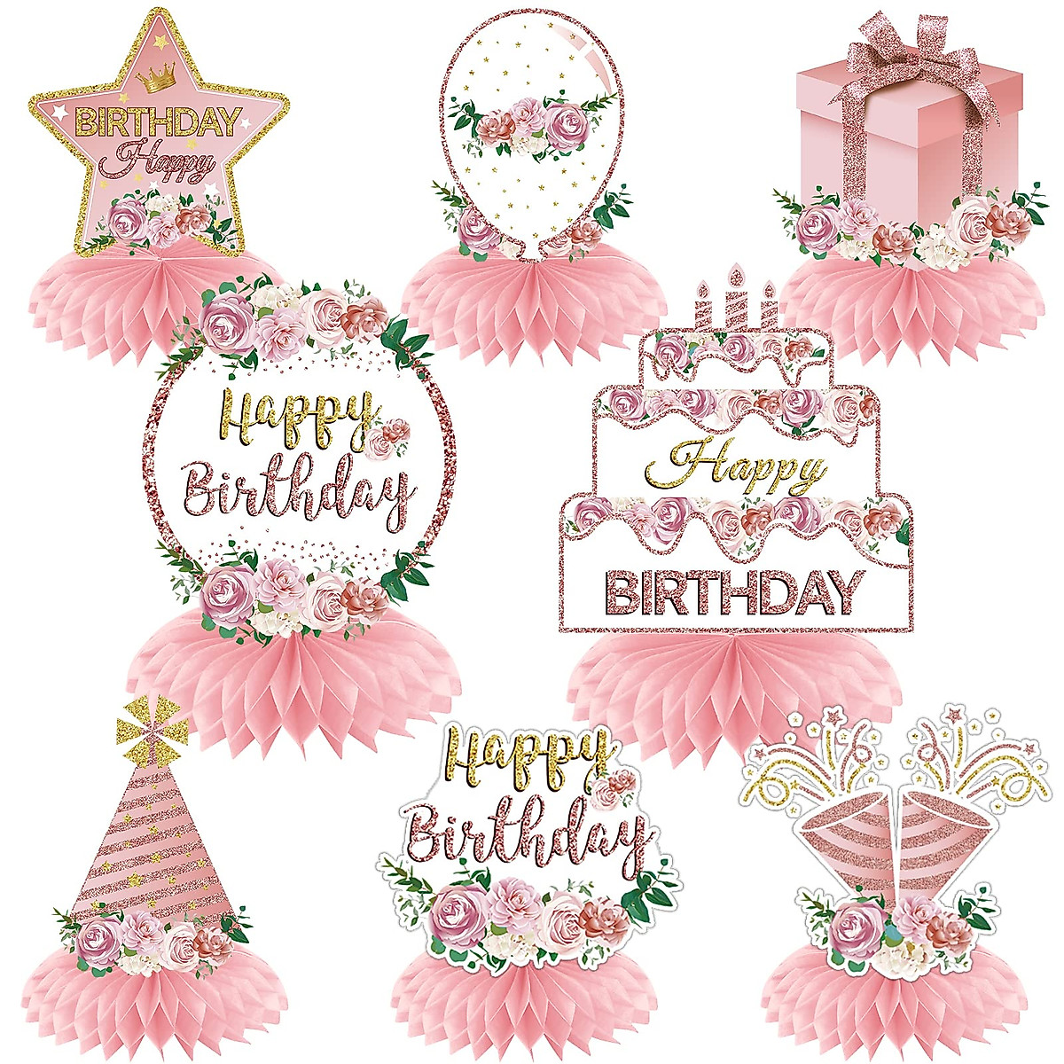 Aodocuto Pink Rose Gold Birthday Decorations Floral Honeycomb Centerpieces for Women Girls, 8pcs Floral Birthday Table Centerpieces Party Supplies, 16th 18th 21th 30th 40th 50th 60th Bday Table Topper