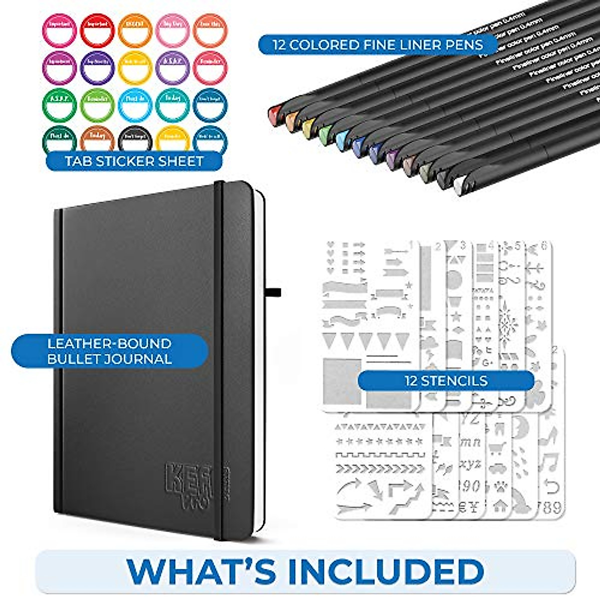 KEFF Bullet Dotted Journal Kit - Dot Journaling Set Supplies with 237 Pages Hardcover Grid Notebook Planner, Pens, Stencils and Stickers for Teenage Girls & Adults - Black