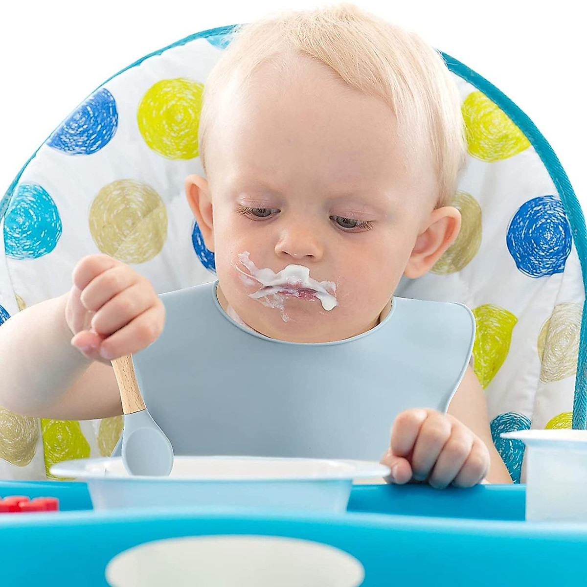 Mubunny Silicone Baby Bib for Babies & Toddlers Waterproof Bibs Soft with Food Catcher Pocket Boys Girls(Dusty Blue/Green/Mango), One Size