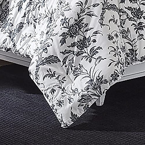 Laura Ashley - Queen Comforter Set, Reversible Cotton Bedding, Includes Matching Shams with Bonus Euro Shams & Throw Pillows (Amberley Black/White, Queen)